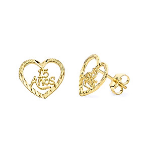 14k REAL Yellow Gold Fancy 15 Quincea?era Heart Stud Earrings (10 x 10 mm)