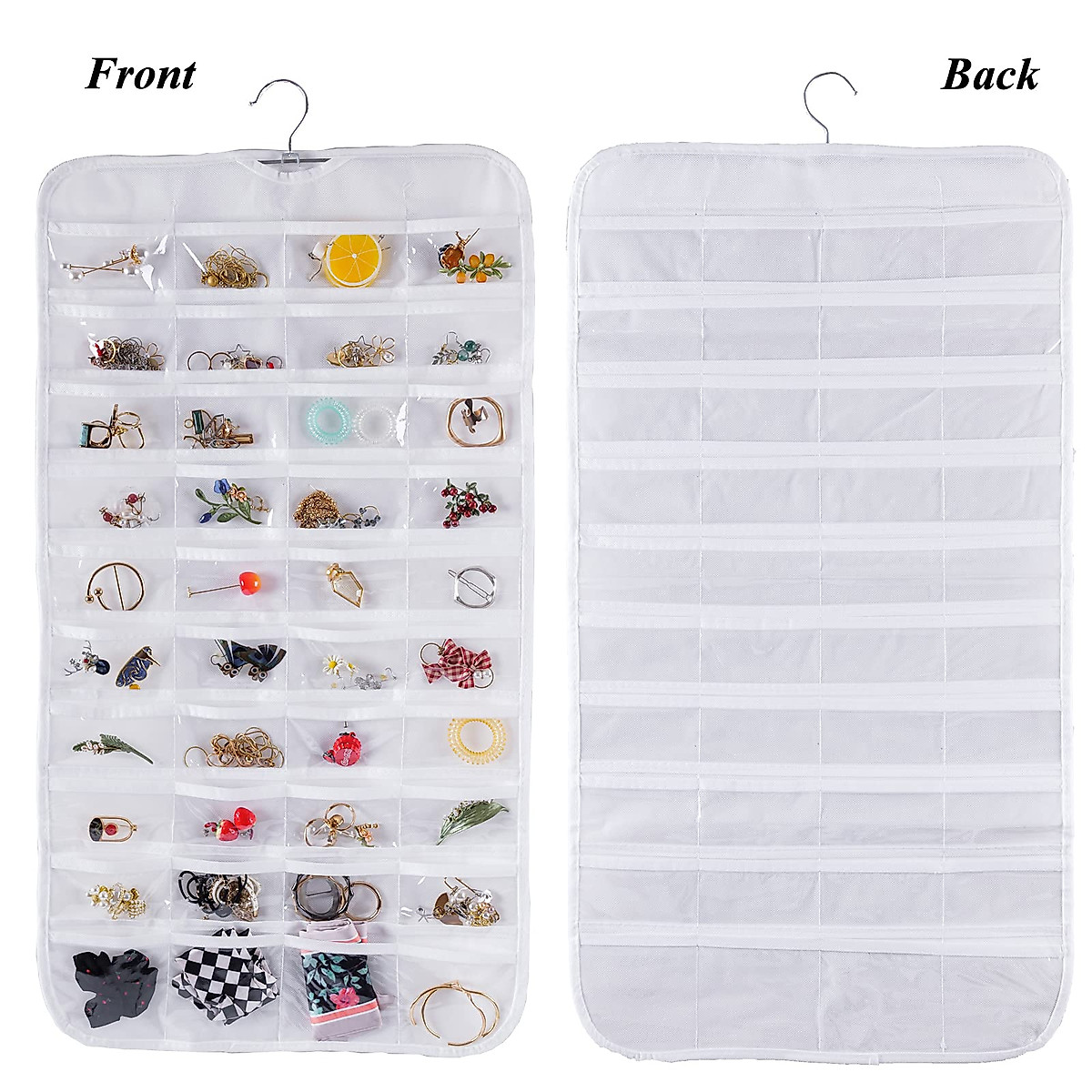 Bloss Hanging Jewelry Organizer, Double Sided 80 Pocket Jewelry Chain Storage Bag 2 Layer of Fabric Jewelry Organizer Holder for Necklace Bracelet Earring Ring Chain Knitting Tool-Black (White)