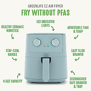 GreenLife 4.5QT Mechanical Air Fryer, PFAS-Free Ceramic Nonstick Crisper Drawer, Adjustable Temperature Timer Dial, LED Indicator, Easy Control, Dishwasher Safe, Compact Kitchen Essential, Blue Haze