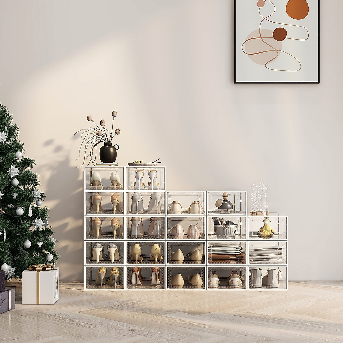 SEE SPRING Large 12 Pack Shoe Storage Box, Clear Plastic Stackable Shoe Organizer for Closet, Space Saving Foldable Shoe Rack Sneaker Container Bin Holder