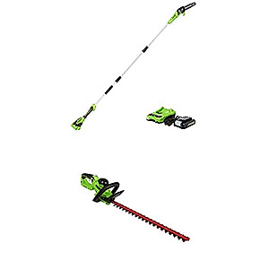 Greenworks PS24B210 8-Inch 24V Cordless Pole Saw, Polesaw (New Model) with Greenworks HT24B04 Hedge Trimmer, Green