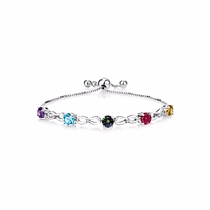 Gem Stone King 925 Sterling Silver Customized and Personalized 5 Gemstone Birthstone and White Lab Grown Diamond Adjustable Tennis Bracelet For Women