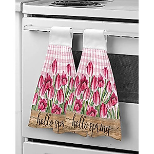 1 Pcs Hanging Towel Pink Tulip Farm Hello Spring Hand Towels Dish Towel for Kitchen Bathroom Absorbent Tie Towels Tea Bar Towels with Loop