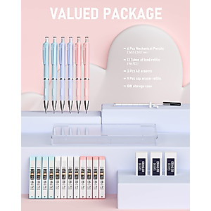 Nicpro 6 PCS Pastel Mechanical Pencil 0.5 & 0.7 mm for School, with 12 tubes HB Lead Refills, 3 Erasers, 9 Eraser Refills For Student Writing,Drawing,Sketching, Blue & Pink & Violet Colors - With Case