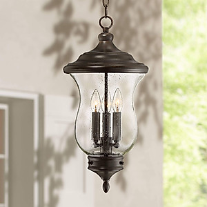Carriage Country Outdoor Ceiling Light Hanging LED Dimmable Bronze 22" Clear Seedy Glass Decor Exterior House Porch Patio Outside Deck Garage Front Door Garden Home Roof Gazebo - Franklin Iron Works