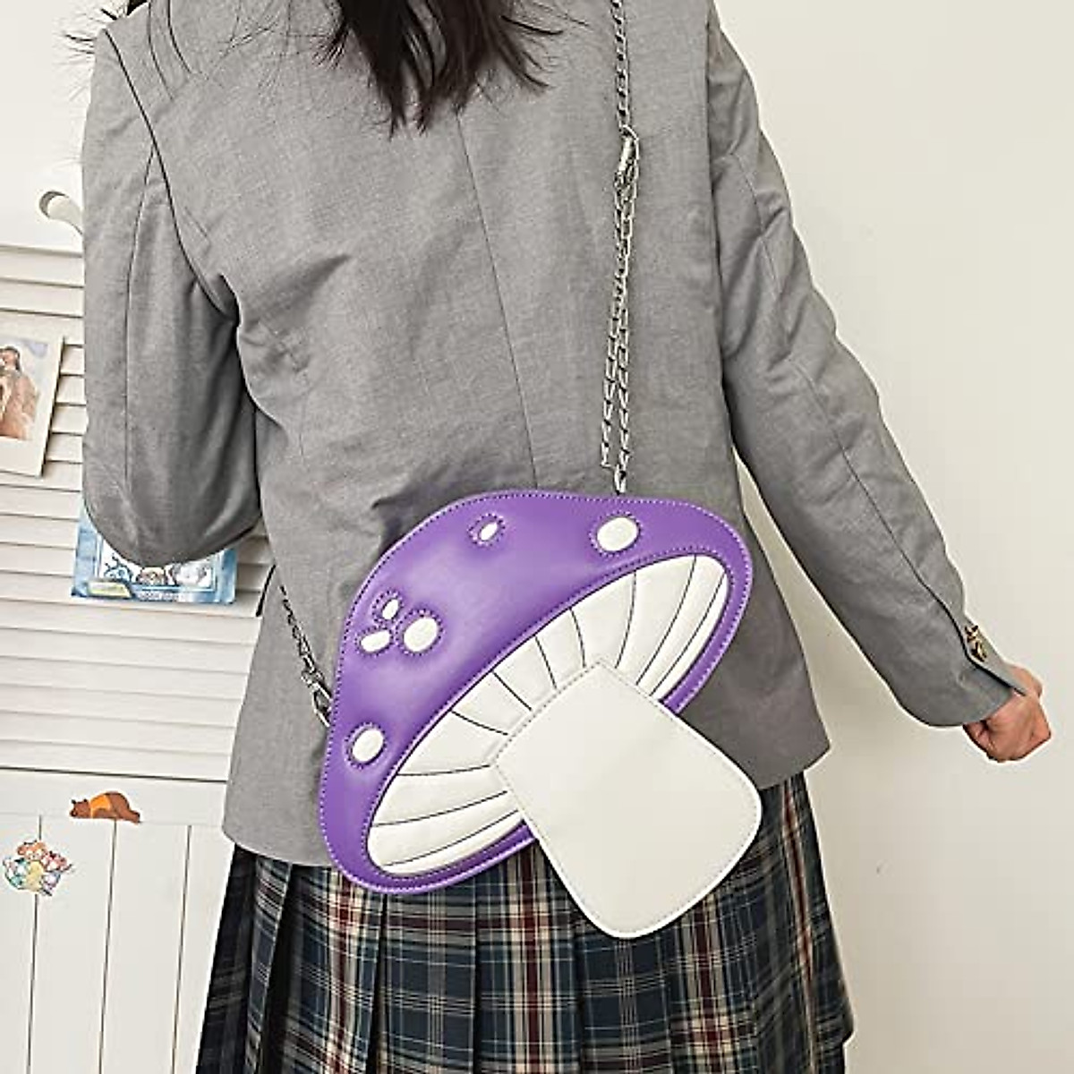 Women Cute Mushroom Shoulder Messenger Bag, Fun PU Leather Crossbody Bag Tote Bag Chain Handbag Purse (Purple)