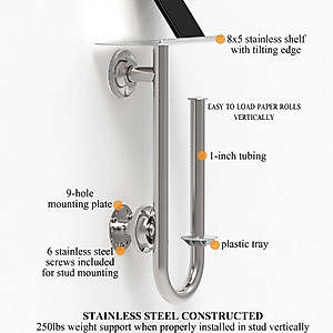 AquaChase 3-in-1 Toilet Safety Grab Bar with Built-in Tissue Paper Holder and Phone Shelf, for 2 Mega Rolls, 250lbs Weight Support When Mounted in Stud, Brushed Nickel Right-Hand