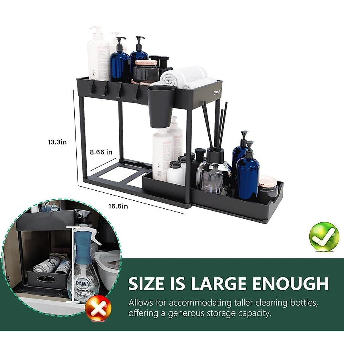 Regoia Under Sink Organizer and Storage 2 Pack with 1 Sponge Holder for Kitchen Sink, 2-Tier Sliding Bathroom Organizers and Storage, Kitchen Countertop Organization with Hooks and Hanging Cup, Black