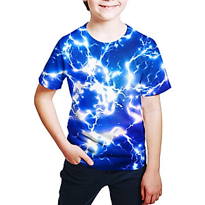 EOWJEED Kids T Shirts for Boys Girls Shirt 3D Blue White Lightning Graphic Printing Classic Crewneck Design Youth Teen Tee 8-10 Years