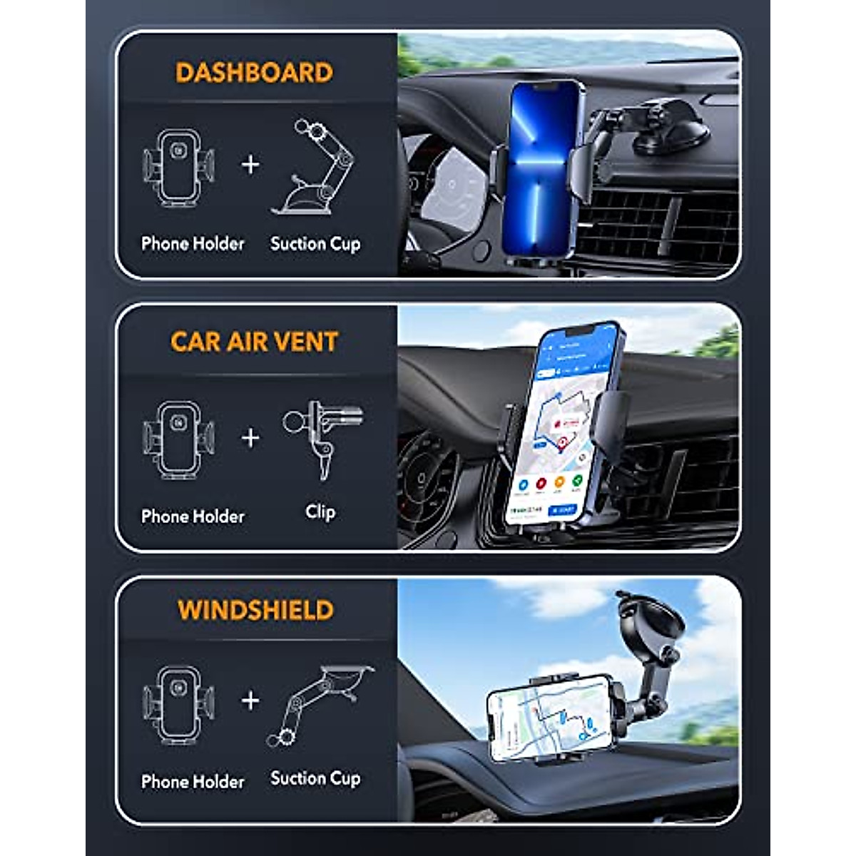 LK Phone Holder for Car,Dashboard Windshield Air Vent Universal 3 in1 Car Phone Holder Mount Compatible for iPhone 14 13 12 11 Pro Max XS X XR 8, Samsung Galaxy S23 S22 S21 S20 All Mobile Smartphone