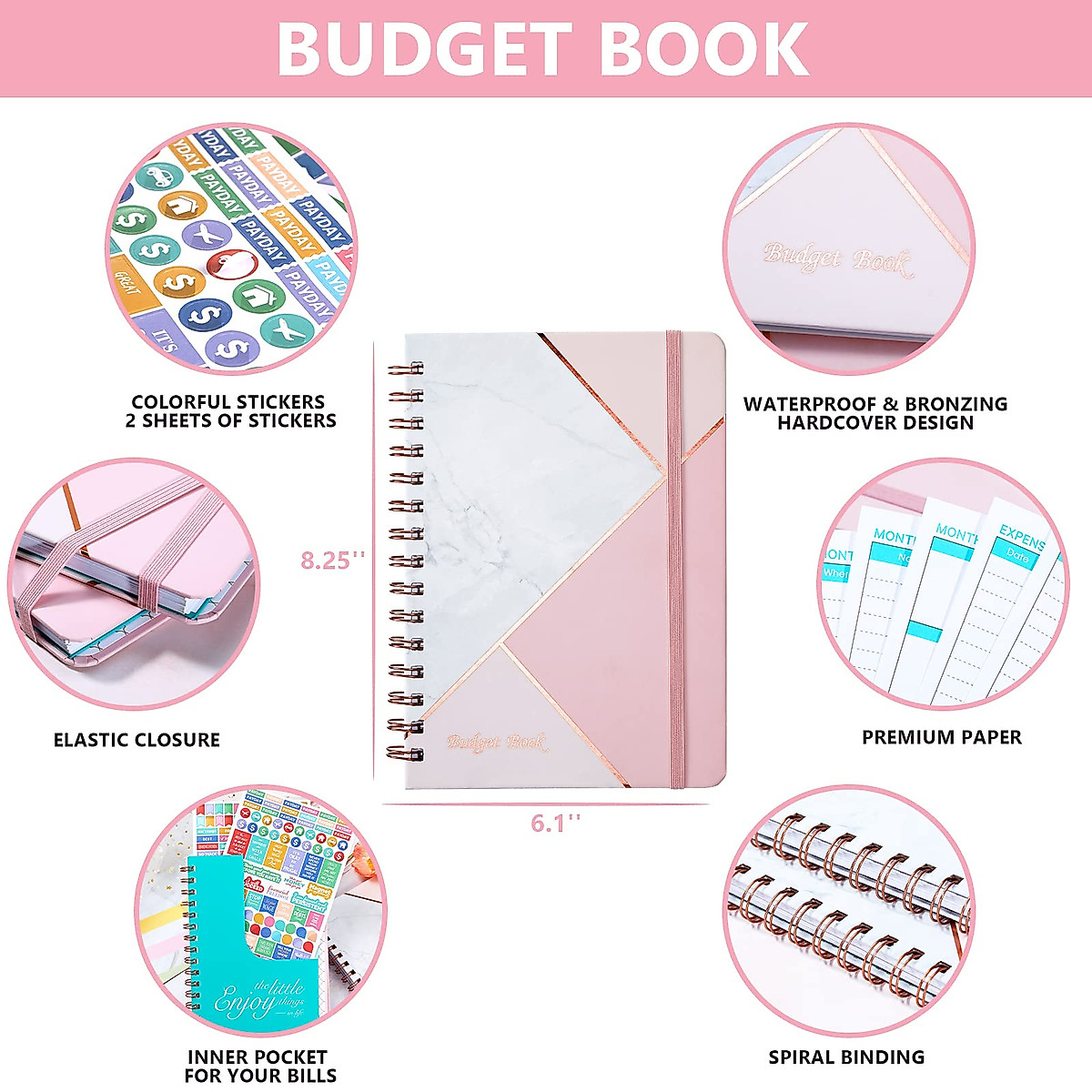 Budget Planner Book, 12 Monthly Financial Organizer, 6" x 8.2", Planner Organizer with Expense Tracker Undated Accounts Book, Account Book with Pocket, Stickers - Pink Marble