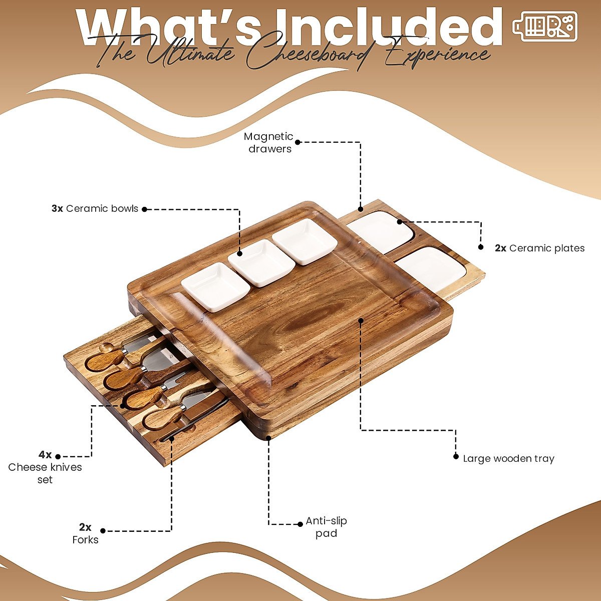 Giate 2 Drawer Acacia Wood Cheese Board |Charcuterie Boards Gift Set - Elegant for Mom - Chauratri Board Set & Knife Set -Charcuterie Board Large House Warming Gifts New Home