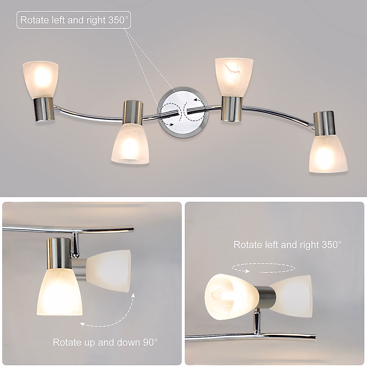 DLLT Led Track Light, 4-Light Foldable Spot Lights Fixtures with Glass Shade, Wall Accent S-Shaped Tracking Ceiling Lighting for Kitchen, Office, Bedroom, Hallway, E12 Base, Bulbs Not Included