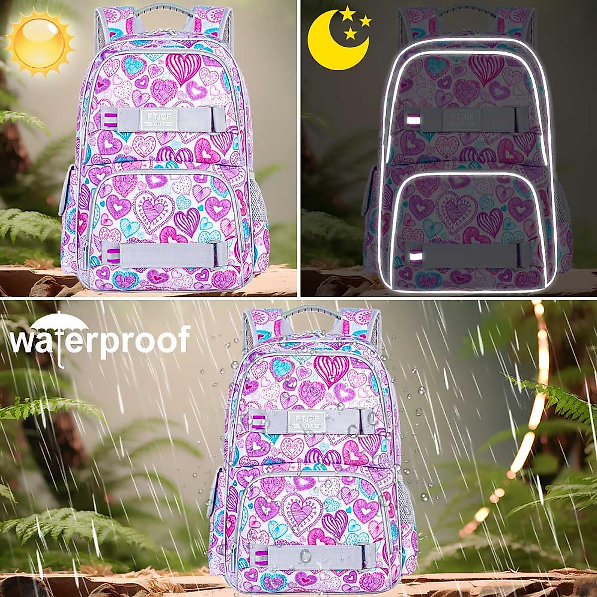 FTJCF Laptop Backpack, 16 Inch School Bag College Bookbag, Anti Theft Daypack Bags and Lunch Bag Set, Water Resistant Love Backpacks for Teens Girls Women Students (PinkGrey)