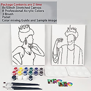 2 Pack Paint and Sip Canvas Painting Kit Pre Drawn Canvas for Painting for adults Stretched Canvas Couples Games Date Night Afro King Queen Paint Party Supplies Favor (8x10)