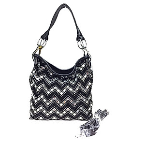 Zzfab Women Sparkle Gem Chevron Large Rhinestone Hobo Bag with Shoulder Strap Black