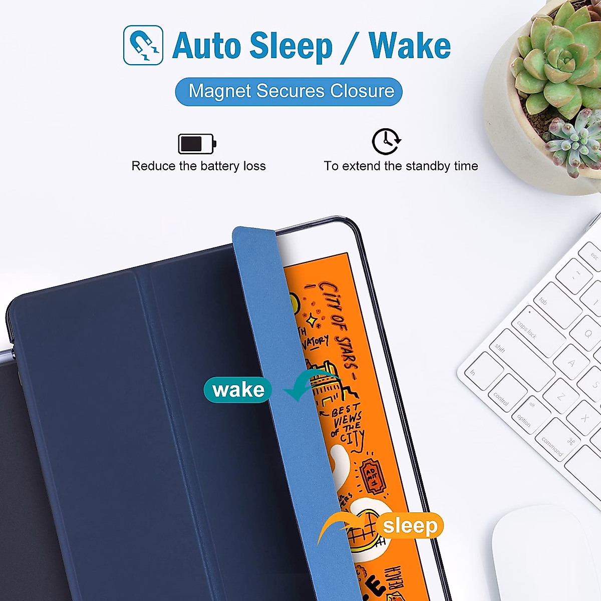 ProCase Slim Cover for iPad Mini 5 Generation 2019/ Mini 4 3 2 1 (Old Model) 7.9 inch, Slim Soft TPU Back Cover Trifold Stand Folio Smart Case for iPad Mini 5 4 3 2 1 -Navy