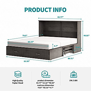 BALUS Murphy Bed Cabinet with Mattress,Modern Muti-Functional Cube Cabinet Bed with USB Charging Station&2 Large Drawers&3 Level Folding Foam Mattress for Living Room/Apartment/Loft,Queen (Stone Grey)