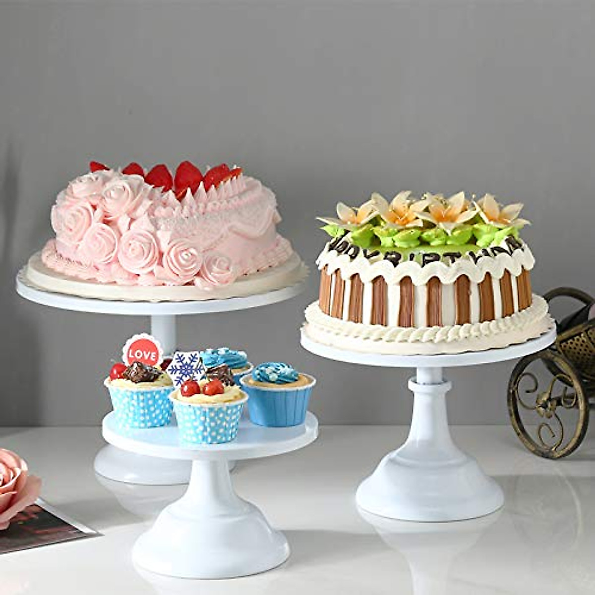 Yarlung Set of 3 Metal Cake Stands, 8/10/12 Inch Pillar Style Cupcake Display Stands Dessert Trays Pie Plates for Wedding, Party, Birthday, Gatherings, White