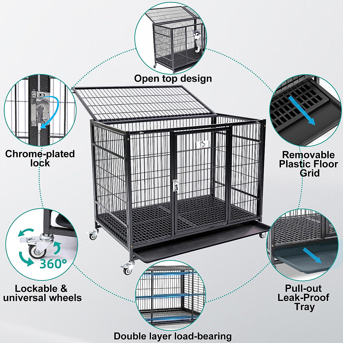 New 37" Homey Pet Stackable Open Top Heavy Duty Dog Pet Cage Kennel w/Tray, Floor Grid, and Casters (2 Tiers)