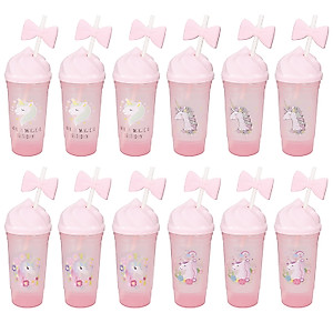 FEOOWV Unicorn Cups with Lids and Bowknot Straws, Plastic Cup for Iced Water Juice Milk Tea,Pack of 12pcs (Pink)