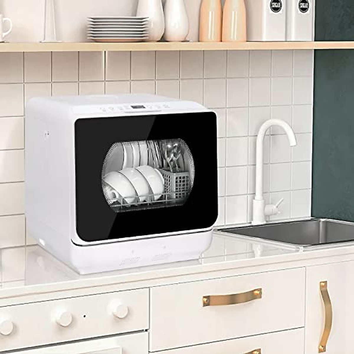 Bonnlo Portable Countertop Dishwasher, Mini Dishwasher with 5 Washing Programs, Built-in Water Tank, 360° Spray Arm, Air-Dry Function & Fruit Cleaning for Apartments, Dorms and RVs