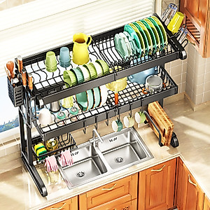 Over The Sink Dish Drying Rack, 3 Tier Adjustable Length Kitchen Counter Dish Rack Over Sink, Large Dish Drainer with Utensil Cup Holder, Black