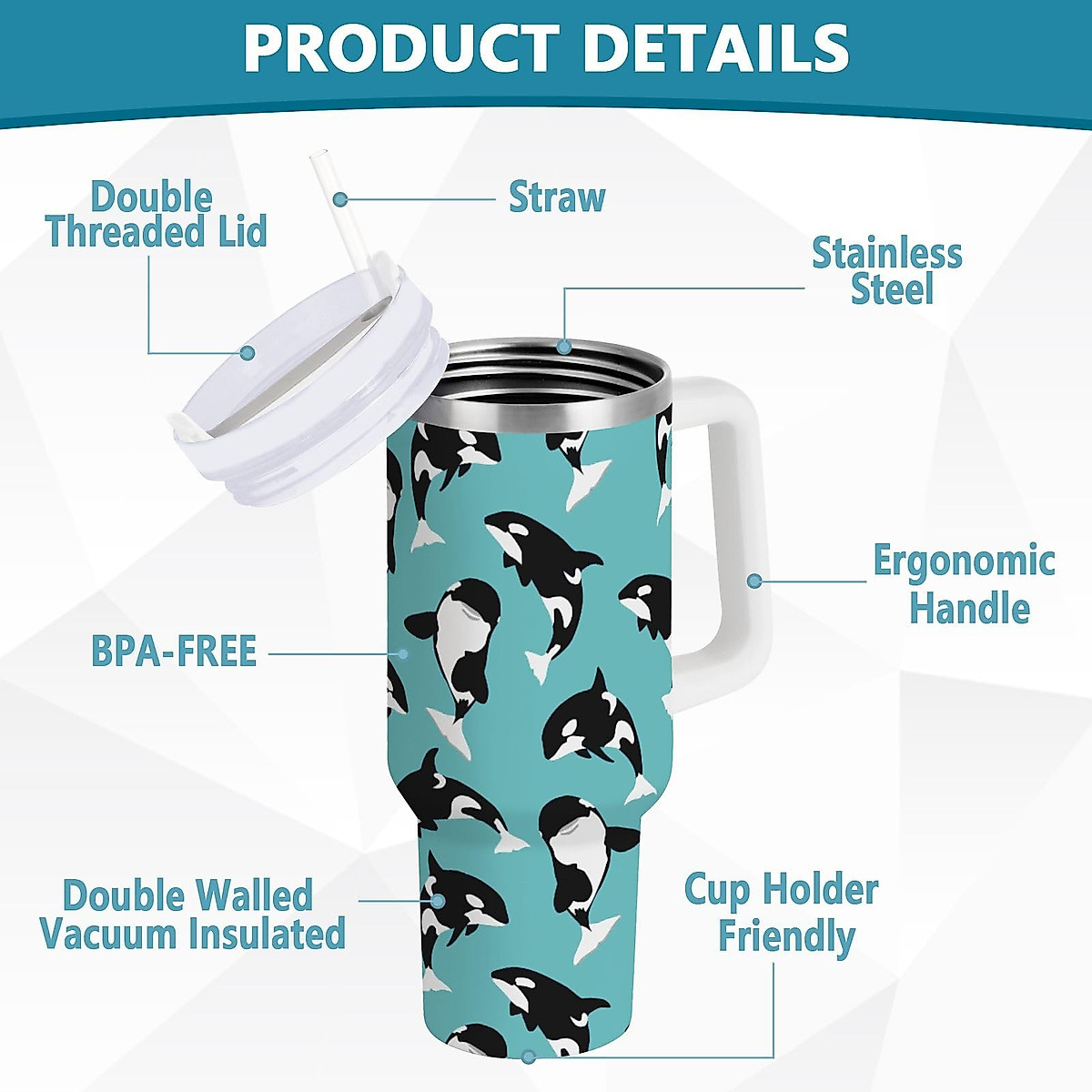 KEEPREAL 40 oz Killer Whale Pattern Tumbler with Handle, Insulated Sports Water Bottle with Lid and Straw, Thermal Stainless Steel Travel Coffee Mug Cup