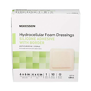 McKesson Hydrocellular Foam Dressings, Sterile, Silicone Adhesive with Border, Dimension 6 in x 6 in, Pad 4 in x 4 in, 10 Count, 1 Pack