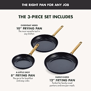 GreenPan Reserve Hard Anodized Healthy Ceramic Nonstick, 8" 10" and 12" 3 Piece Frying Pan Skillet Set, Gold Handle, PFAS-Free, Dishwasher Safe, Oven Safe, Black