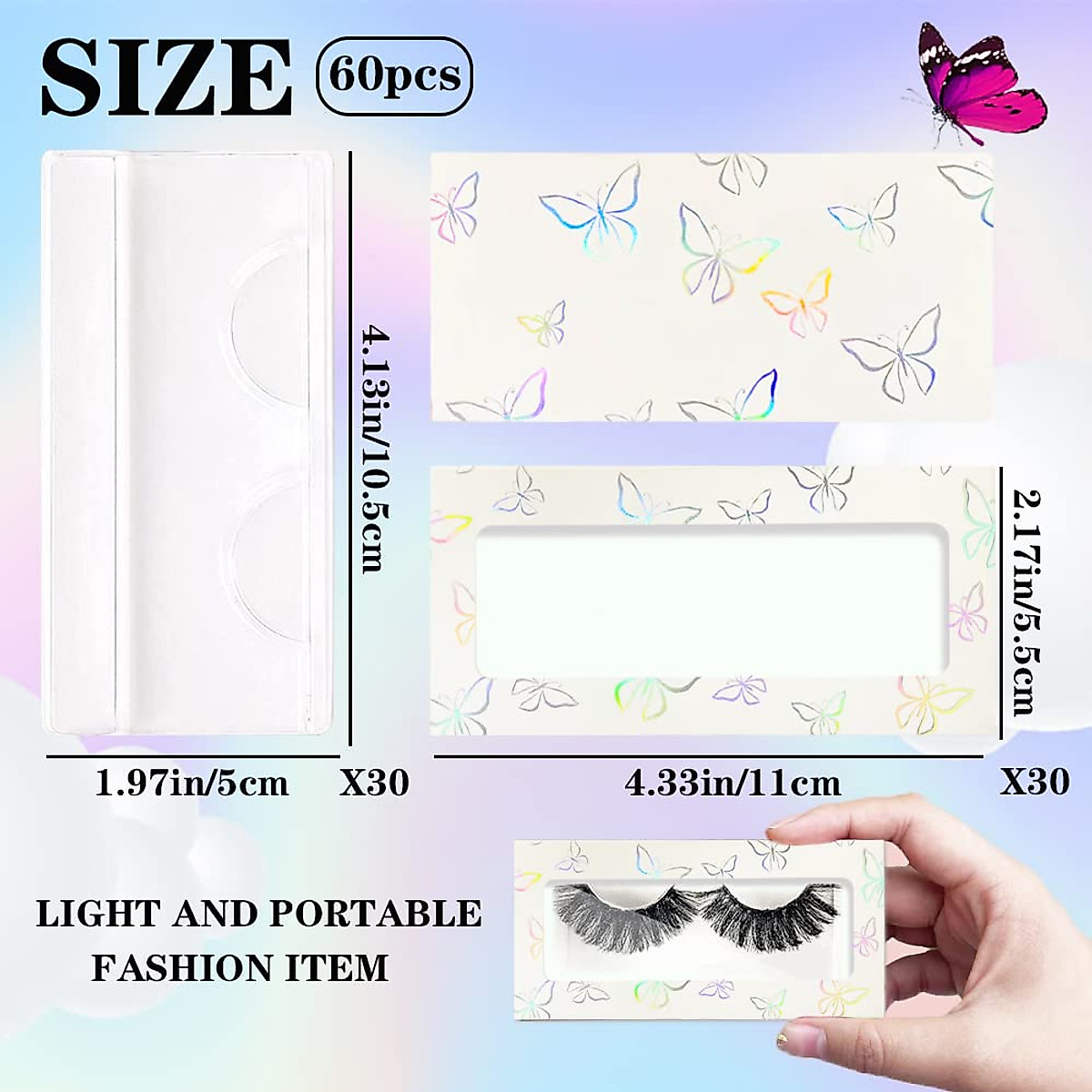 60 Pieces False Eyelashes Box Empty Lash Packaging Storage Containers 30 Soft Paper Lash Boxes with 30 Tray Colored butterfly Prints Lash Case Holder (White laser butterfly)