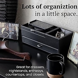 HOUNDSBAY Valet Tray and Nightstand Organizer - Hand Crafted EDC Tray with Phone Area, Cable Cutaway, Drawer – Durable, Scratch Resistant Materials - Compact Footprint with Ample Storage - Valet Box