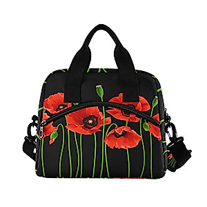 Large Lunch Bag for Women Men Flower Poppy Art Painting Cooler Bags Insulated Lunch Tote Bag with Zipper Top & Detachable Shoulder Strap for Work Picnic Beach, No Leak