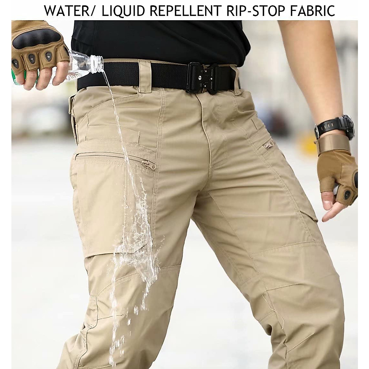 NAVEKULL Men's Work Cargo Pants for men Rip Stop Tactical Pants Outdoor Hiking Camping Travel Pants Lightweight Water Resistant Waterproof Military Army Combat Trousers with Side Zipper Pockets Khaki