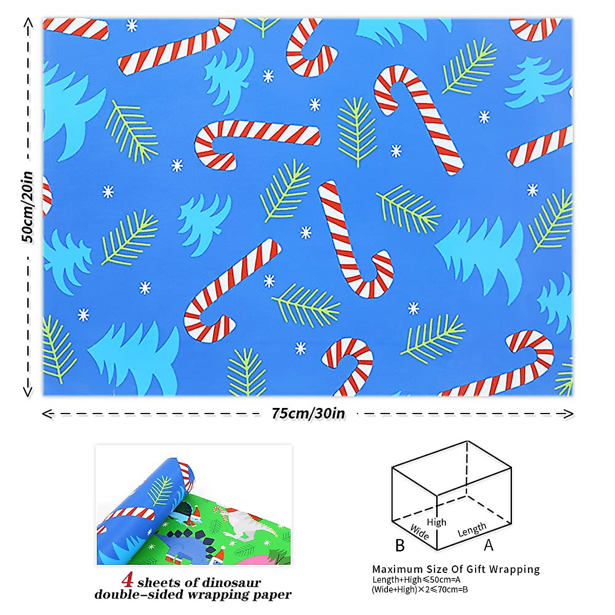 Dinosaur Wearing Santa Hats Christmas Double Side Reversible Wrapping Paper 4 Sheets Folded Flat 20x30 inches per sheet, Dinosaur T-rex Gift Wrap For Kids Girls Boys Men Women Unique Xmas Decorative Paper and Birthday Holiday