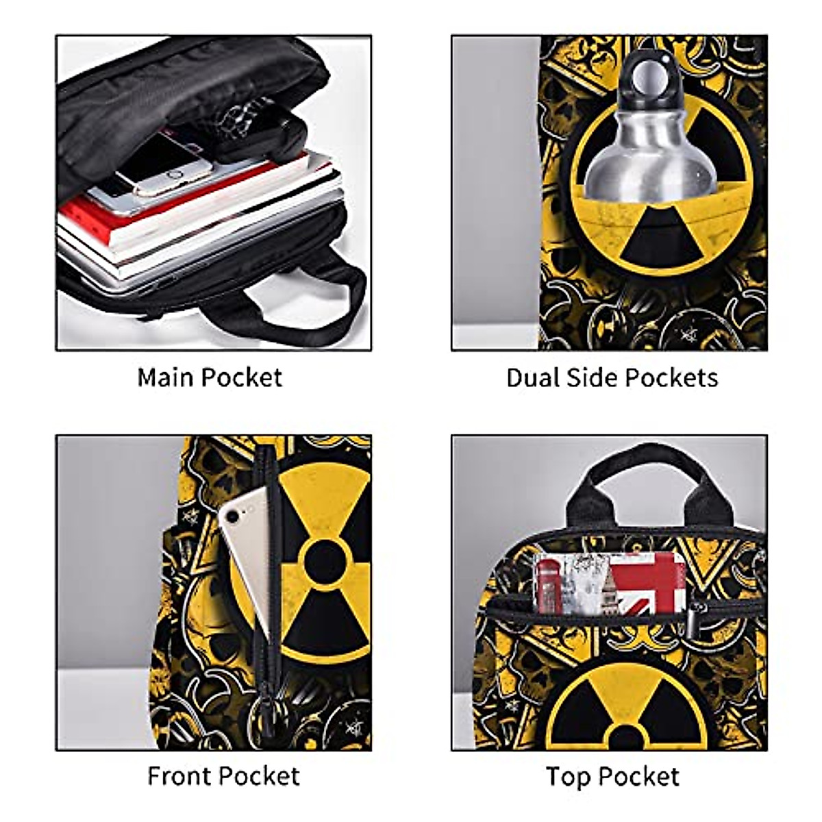 Radioactive Symbol Yellow Doodle Casual Backpack Bookbag Hiking Outgoing Daypack Laptop Pack For Women Men'S Boys Girls