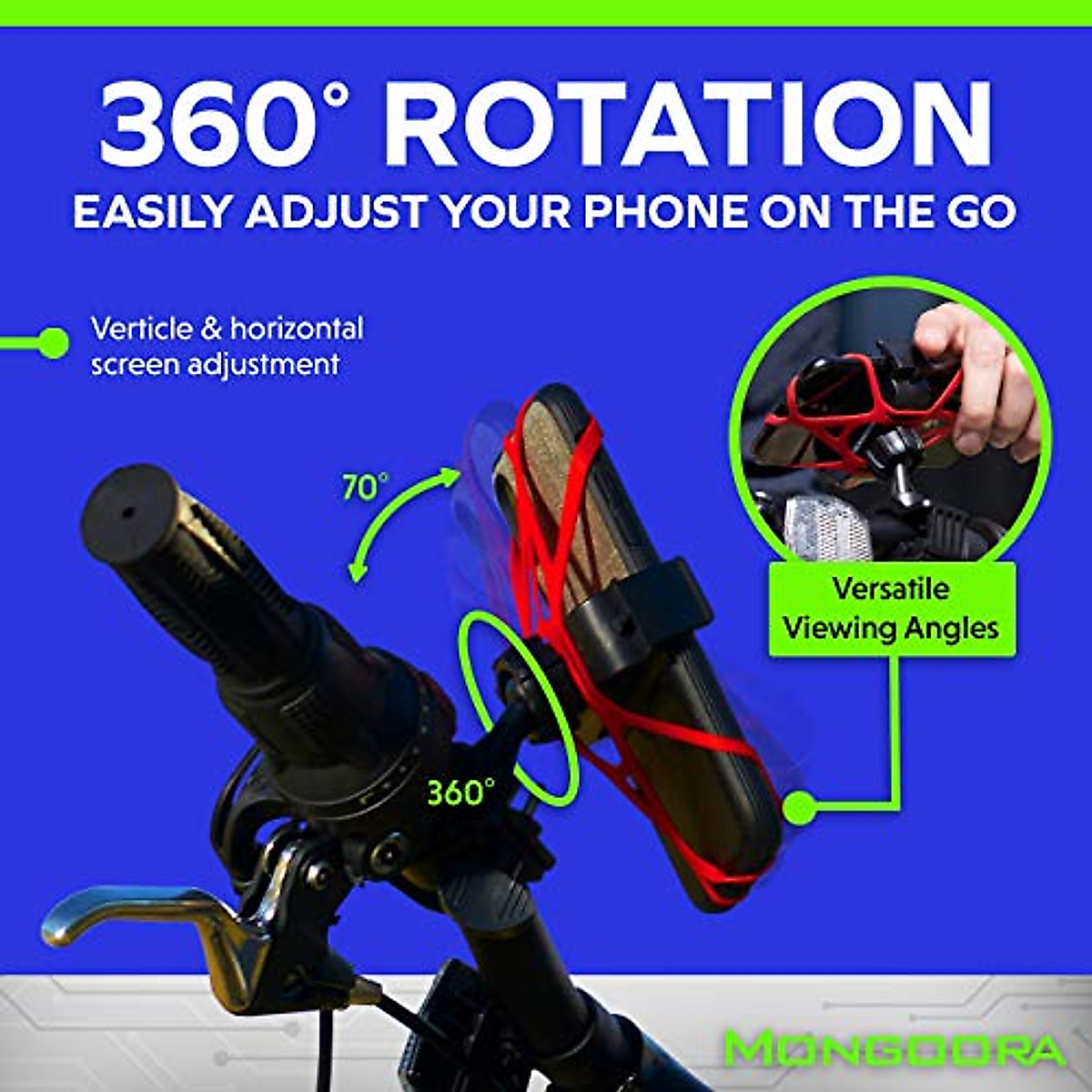 Mongoora Bike & Motorcycle Phone Mount - GPS Cell Phone Holder for Bicycle Handlebar - Easy to Install Bike Accessories Fits iPhone, Galaxy, Android - Stocking Stuffers - 3 Bands (Black, Red, Green)