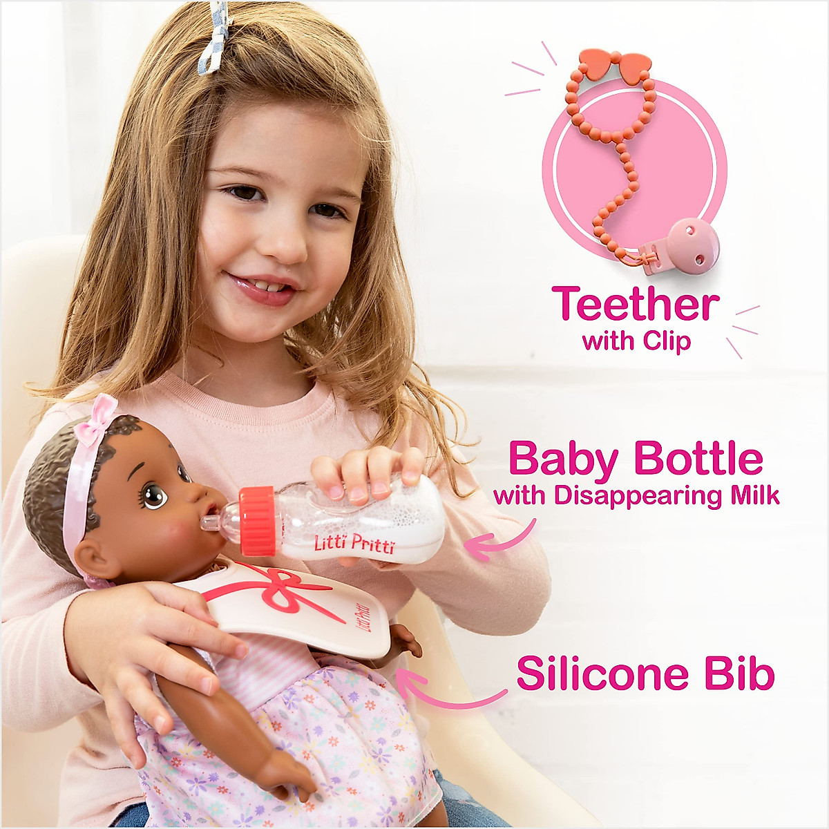 Litti Pritti Baby Doll Accessories Set - 9-Piece Diaper Bag Playset with Baby Doll Diapers, Magic Bottle, Silicone Bib, Wipes, Teether, Changing Pad, and More - Baby Doll Stuff for Ages 3-8 Years