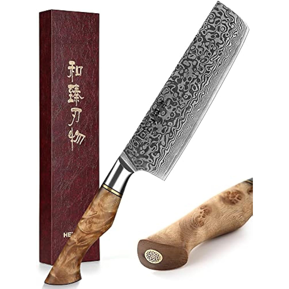 HEZHEN 7 inch Nakiri Knife Japanese High Carbon Steel-Super Durable Cooking Knife-67 Layers of Damascus Steel Sharp Blade -Ergonomic Design for Figured Sycamore Wood Handle