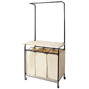 tonchean Laundry Hamper, 3 Section with Ironing Board, Removable Hanging Bar & Bags, Rolling Laundry Cart, 59"H x 29"L x 17"W, Yellow