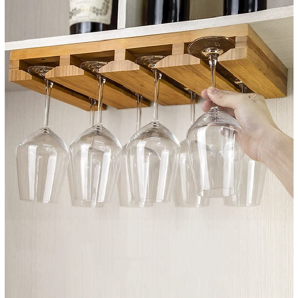 Mateda Bamboo Wine Glass Holder, Under Cabinet Hanging Stemware Display Rack