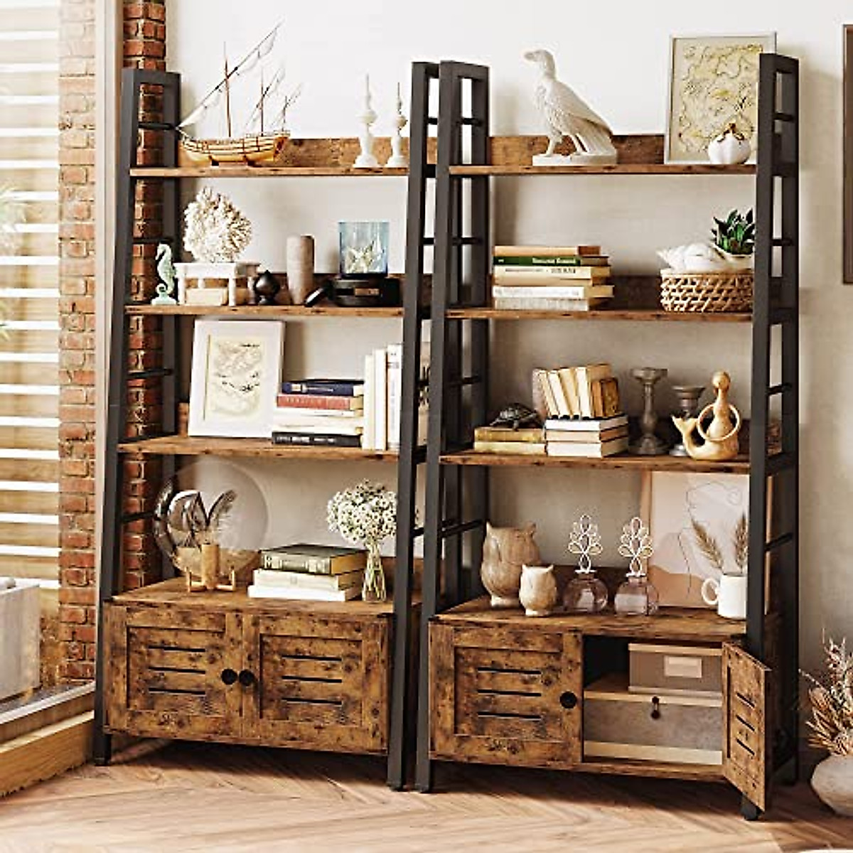 IRONCK Bookshelf with Louvered Doors, 3-Tier Ladder Shelf with Cabinet Industrial Accent Furniture for Bedroom Living Room Home Office, Rustic Brown