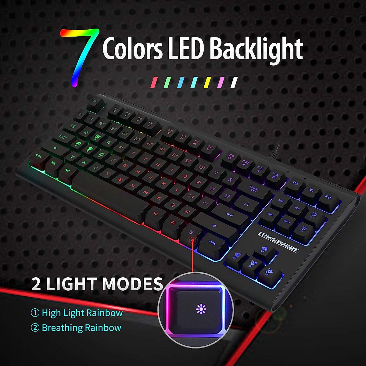 Lumsburry Rainbow LED Backlit 87 Keys Gaming Keyboard, Compact Keyboard with 12 Multimedia Shortcut Keys USB Wired Keyboard for PC Gamers Office