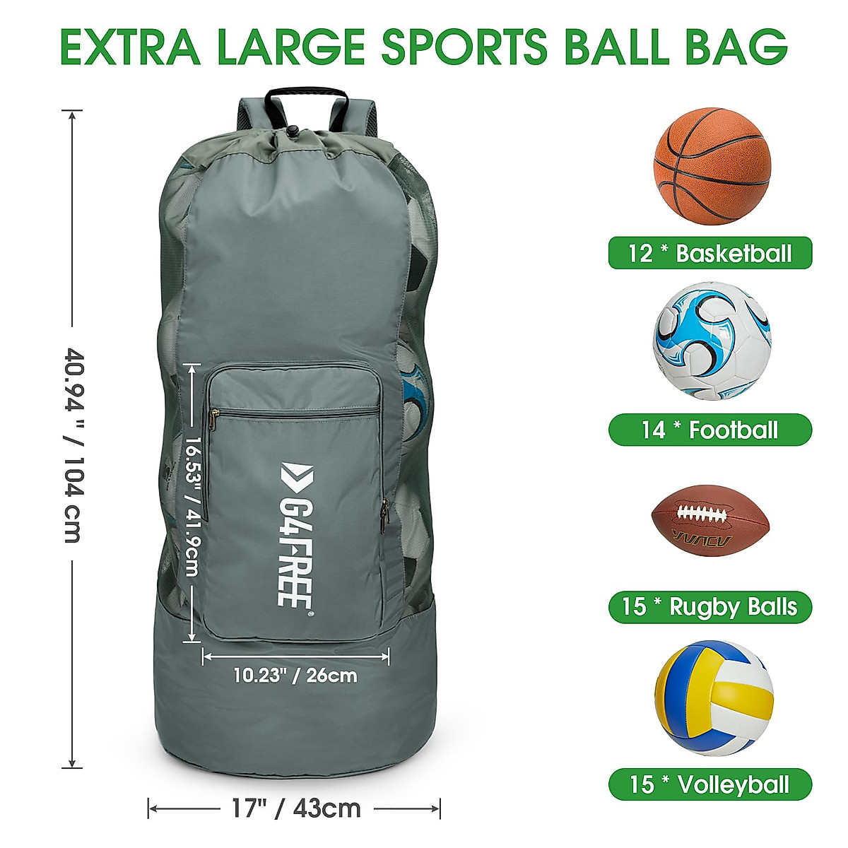 G4Free Extra Large Mesh Ball Bag Soccer Ball Bag Basketball Bag Football Bag Equipment Large Storage Carry Bag Volleyball Bag for Soccer Basketball Football Volleyball Swimming Grey