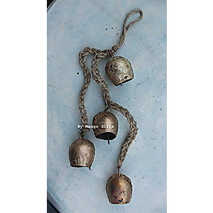 Mango Gifts Rustic Iron 4 Vintage Metal Bells Hanging Windchime with Rope Relaxing Tranquil Wind Chimes 45 cm Length