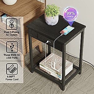 Nightstand with Charging Station Set of 2 Side End Table with USB Ports and Power Outlets 2-Tier Bedside Table for Bedroom Living Room, Modern Black