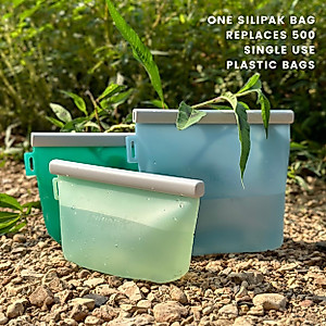 Silipak Reusable Silicone Food Storage Bags, 3 pack, Multi Use Leakproof Meal Prep Containers & Freezer Bags | Makeup Bag & Travel Containers | BPA Free, Dishwasher and Microwave Safe