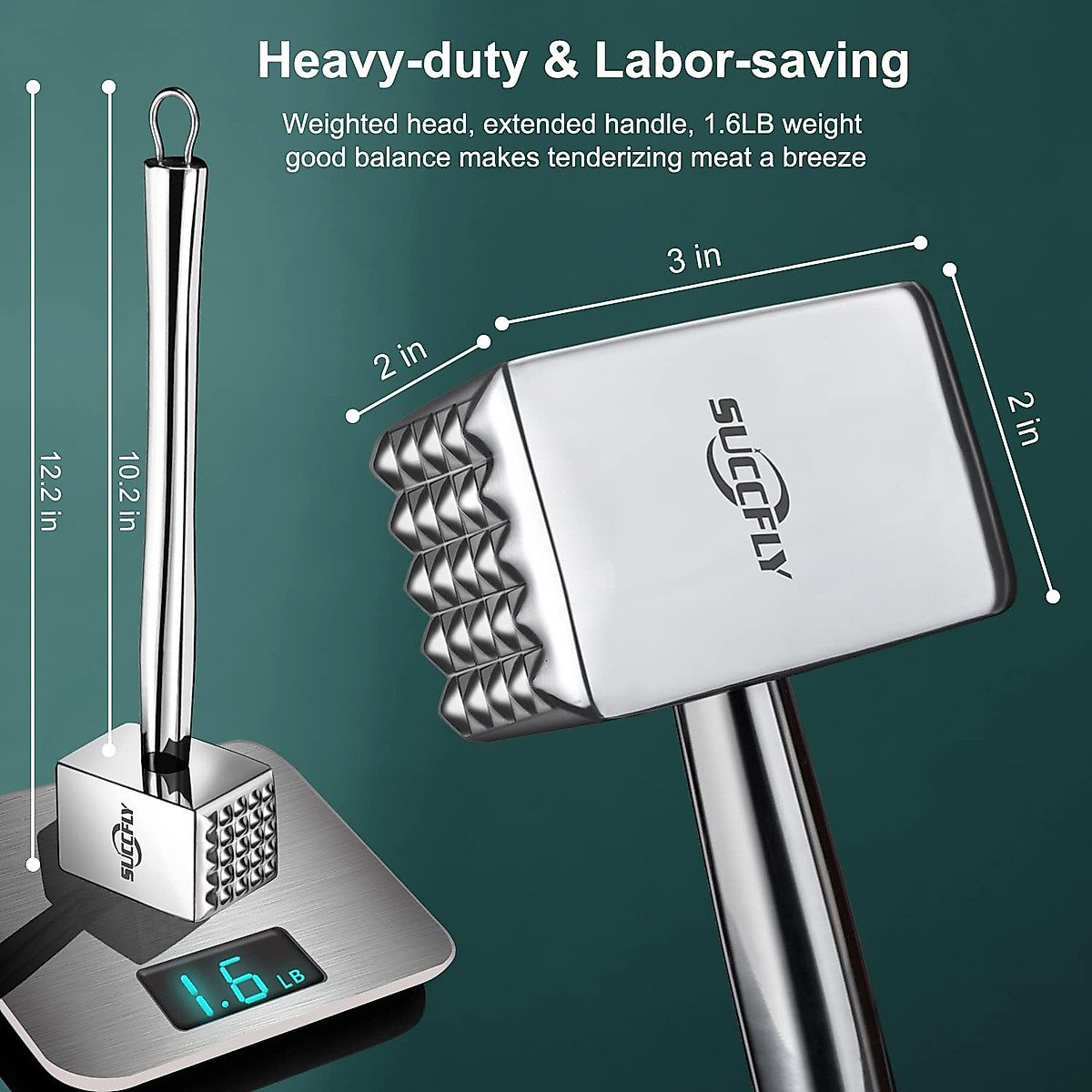 SUCCFLY Meat Tenderizer Stainless Steel, Heavy Duty Meat Hammer, Kitchen Meat Mallet, Meat Pounder Flatterner Weighted Hammer Extended Handle for Labor-saving Chicken Steak Meat Tenderizer Tool(1.6LB)