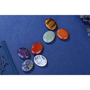 LAIDANLA 7Pcs Healing Crystals Palm Stone Set Oval Amethyst Clear Quartz Tiger Eye Sodalite Chakra Crystal Polished Natural Stones Pocket Gemstone for Meditation Relief Anxiety Stress