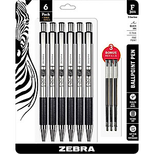 Zebra F-301 Ballpoint Stainless Steel Retractable, 0.7mm, Black Ink, Combo Pack of 6 BLACK INK Metal Pens with 3 BLACK INK REFILLS, 0.7mm fine point pens with Pen Refill